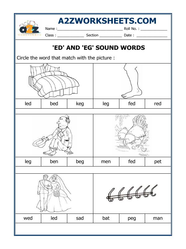 A2Zworksheets:Worksheet of 'Ed' And 'Eg' Sound Words-Reading-English