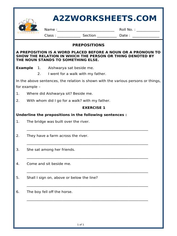 A2Zworksheets:Worksheet of Let's Practice Prepositions-01-Grammar-English