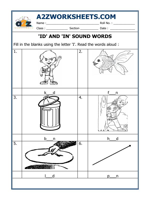 A2Zworksheets:Worksheet of 'Id And 'In' Sound Words-Reading-English