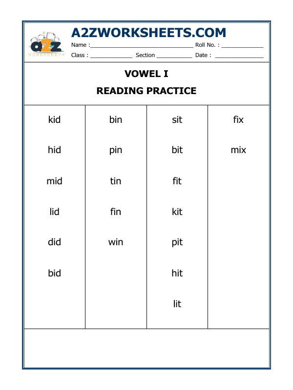 A2Zworksheets:Worksheet of Prep-Vowels 'I' - Reading Practice-Grammar ...