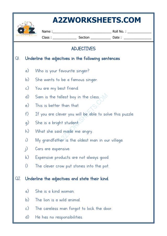A2Zworksheets:Worksheet of English Adjectives Worksheet-02-Grammar-English