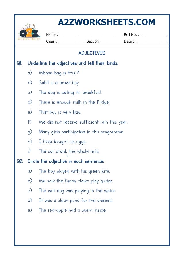 A2Zworksheets:Worksheet of English Adjectives Worksheet-08-Grammar-English
