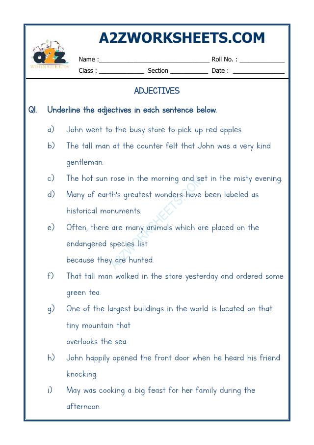 A2Zworksheets:Worksheet of English Adjectives Worksheet-03-Grammar-English