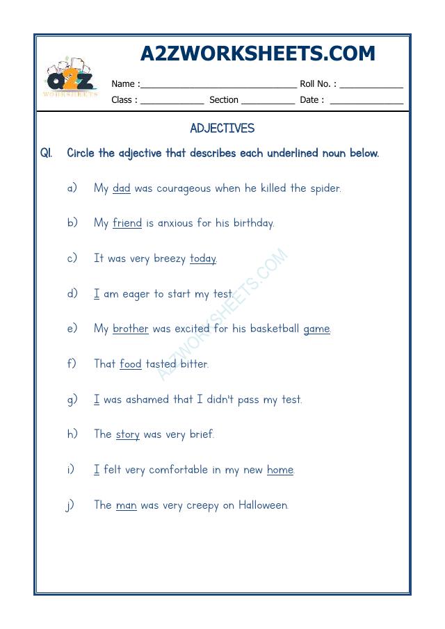 A2Zworksheets:Worksheet of English Adjective Worksheet-07-Grammar-English