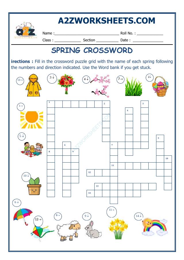 A2Zworksheets:Worksheet of Cross Words-Spring Season-Reading-English