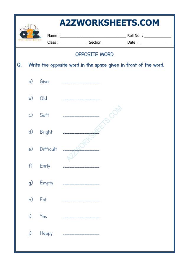 A2Zworksheets:Worksheet of Opposite Word-04-Grammar-English