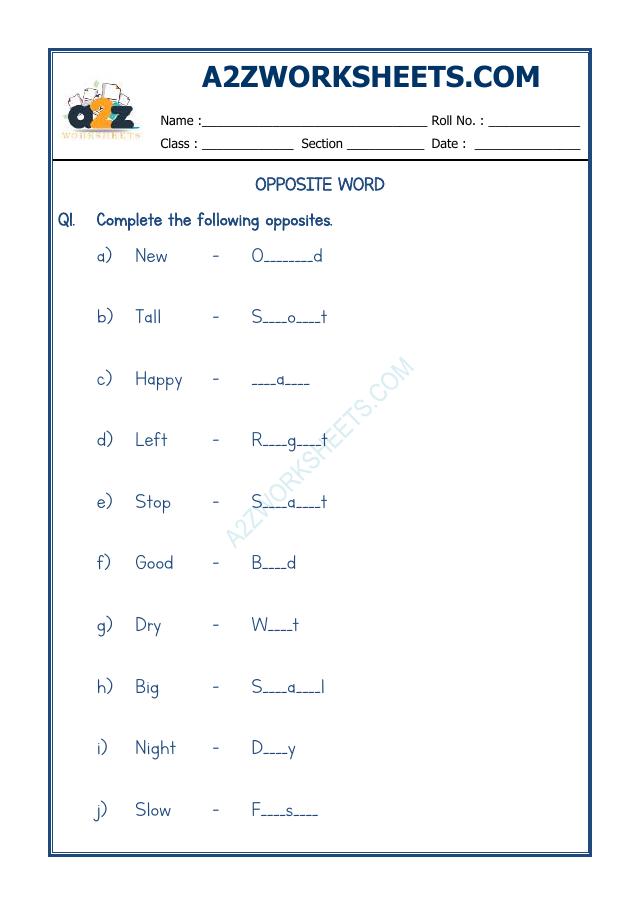 A2Zworksheets:Worksheet of Opposite Word-05-Grammar-English