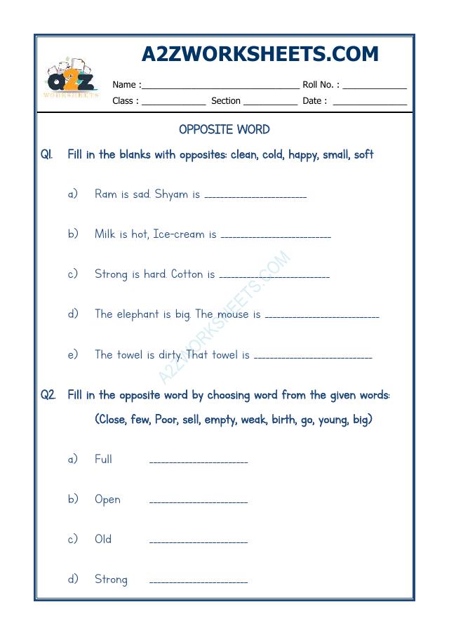 A2Zworksheets:Worksheet of Opposite Word-07-Grammar-English
