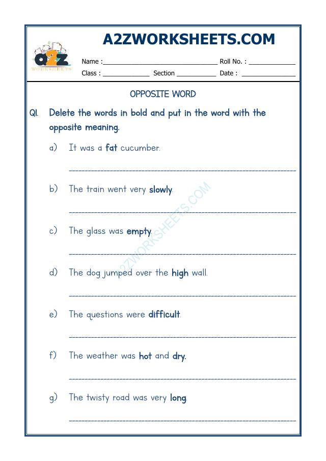 A2Zworksheets:Worksheet of Opposite Word-09-Grammar-English