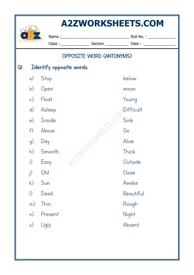 A2Zworksheets:Worksheet of Opposite Word-06-Grammar-English