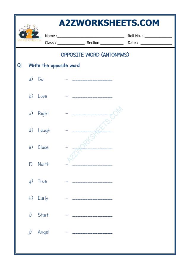 A2Zworksheets:Worksheet of Opposite Word-03-Grammar-English