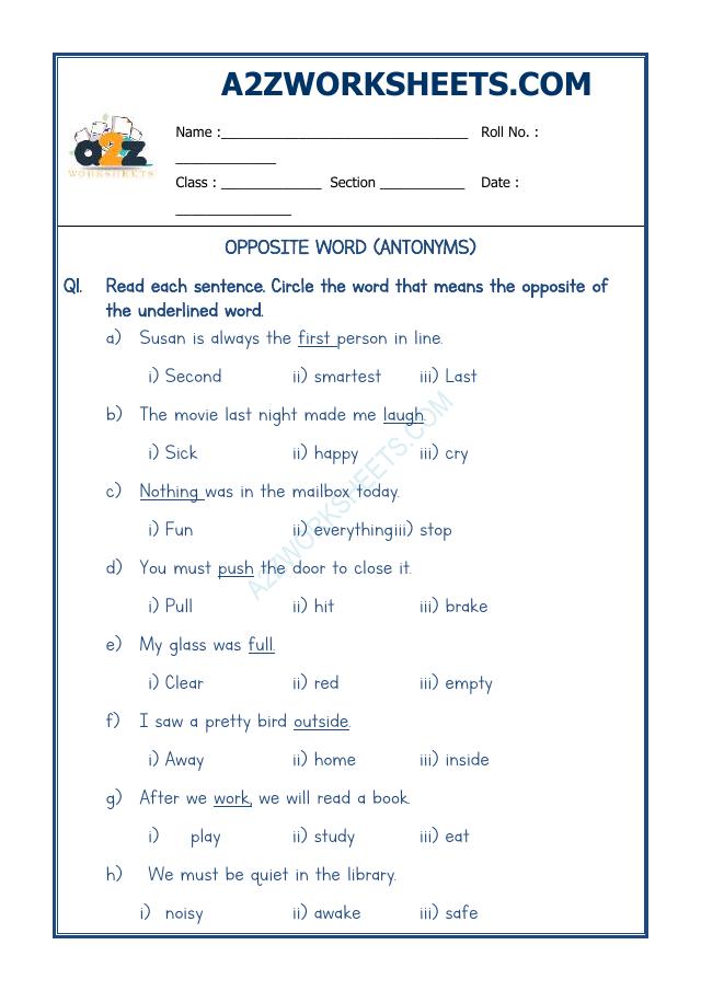 A2Zworksheets:Worksheet of Opposite Word-04-Grammar-English