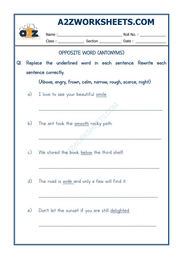 A2Zworksheets:Worksheet of Antonyms-05-Grammar-English