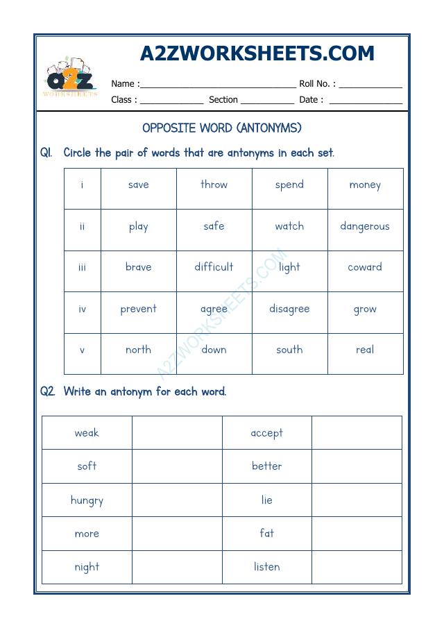 A2Zworksheets:Worksheet of Antonyms-06-Grammar-English
