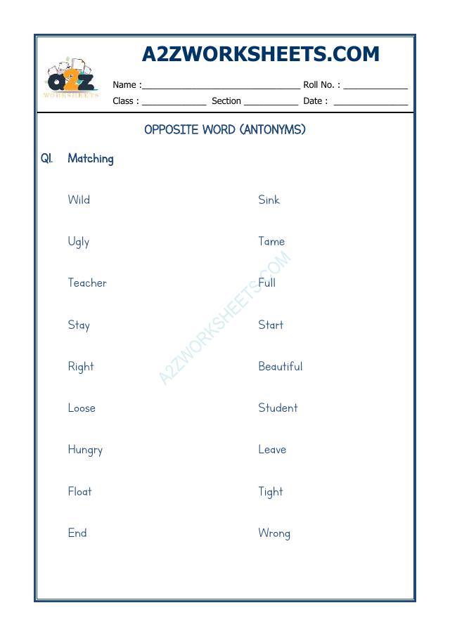 A2Zworksheets:Worksheet of Antonyms-10-Grammar-English