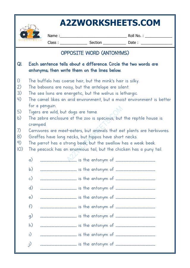 A2Zworksheets:Worksheet of Antonyms-04-Grammar-English