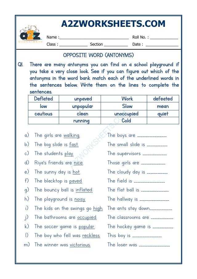 A2Zworksheets:Worksheet of Antonyms-05-Grammar-English