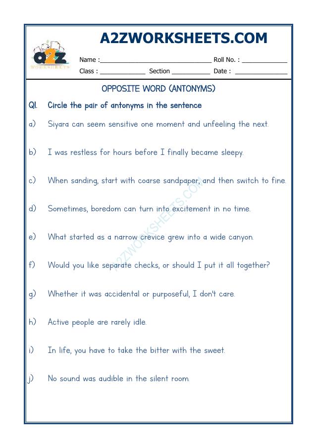 A2Zworksheets:Worksheet of Antonyms-08-Grammar-English