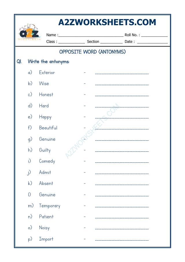 A2Zworksheets:Worksheet of Antonyms-09-Grammar-English