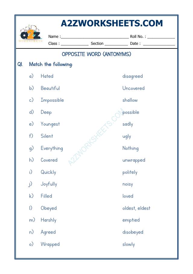 A2Zworksheets:Worksheet of Antonyms-10-Grammar-English