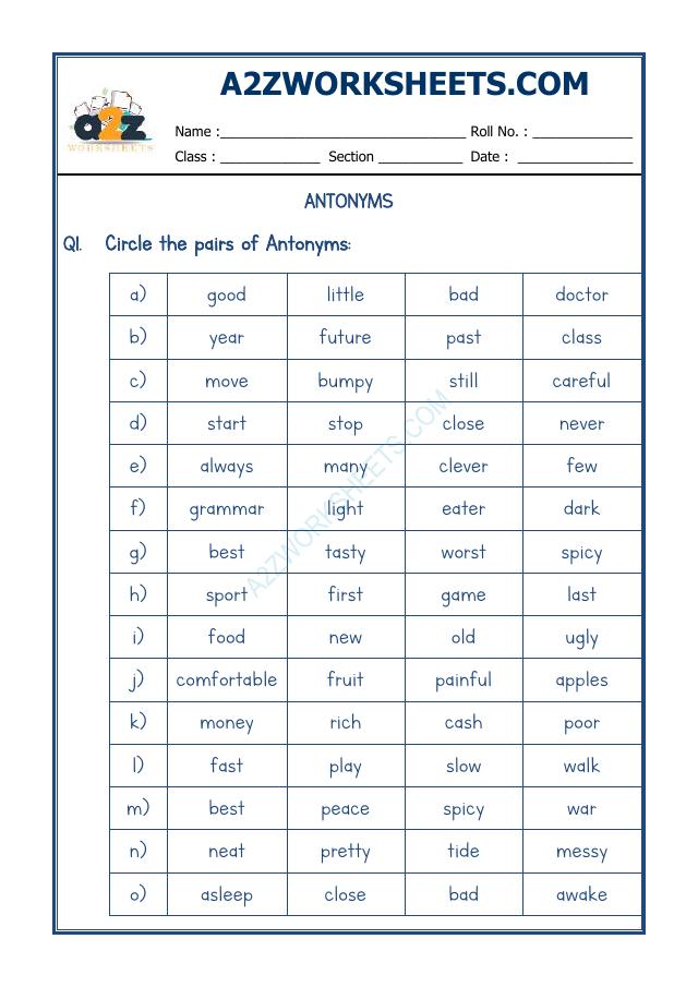 A2Zworksheets:Worksheet of Antonyms-06-Grammar-English