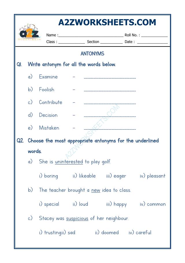 A2Zworksheets:Worksheet of Antonyms-10-Grammar-English