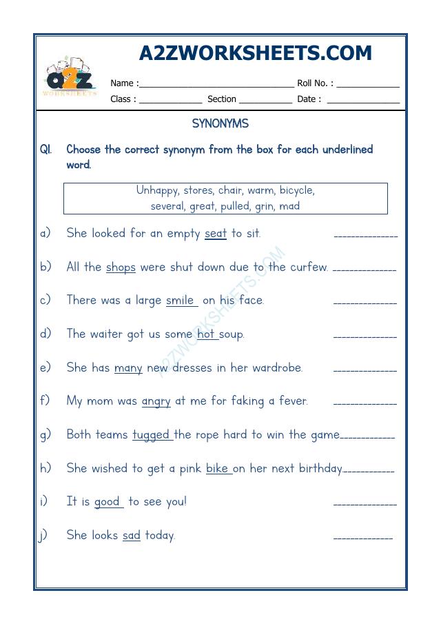A2Zworksheets:Worksheet of Synonyms-10-Grammar-English