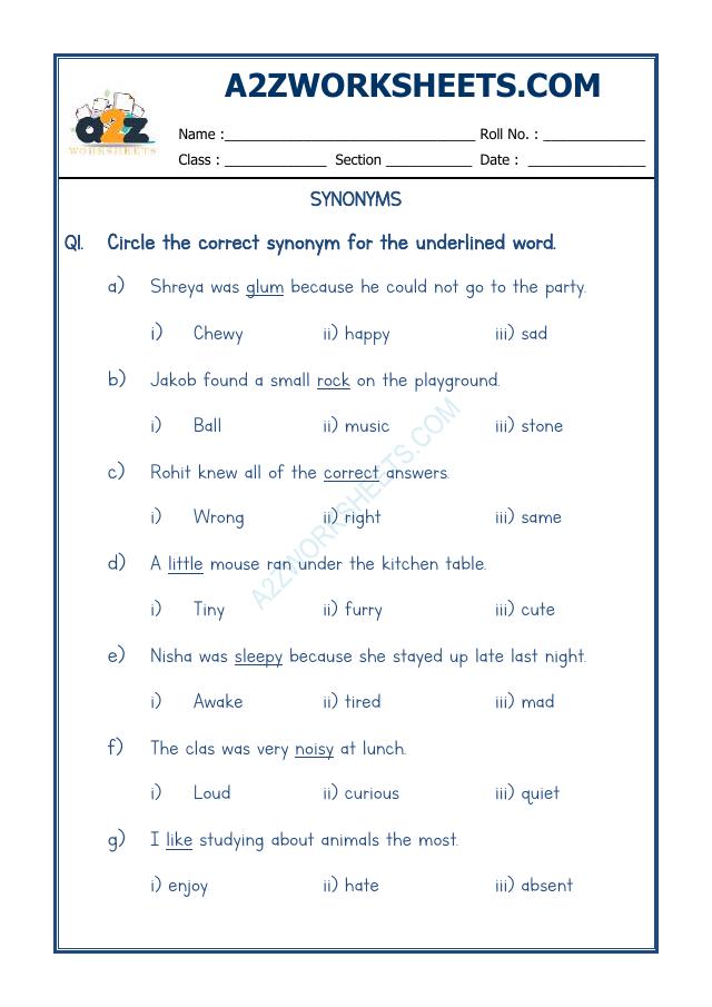 A2Zworksheets:Worksheet of Synonyms-09-Grammar-English