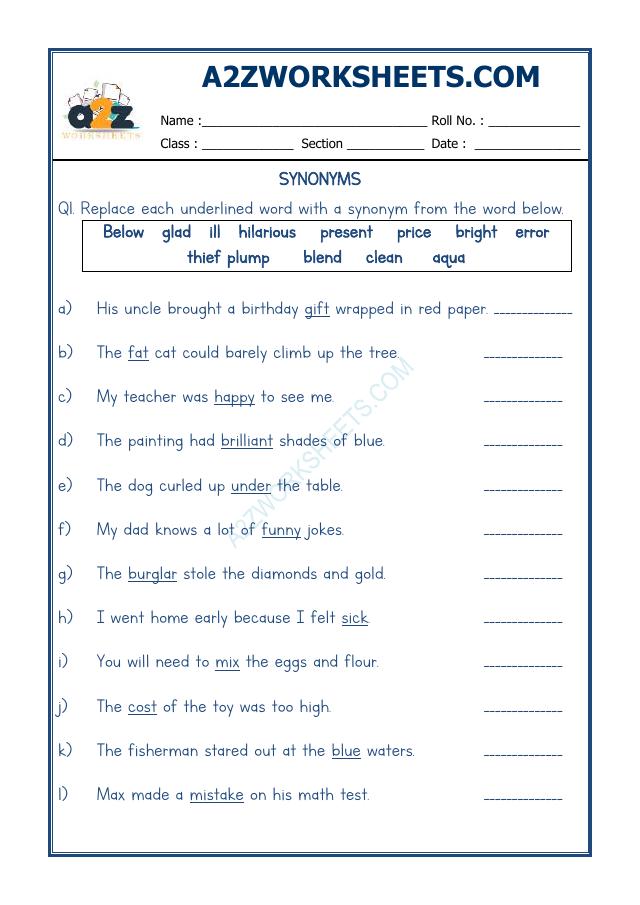 A2Zworksheets:Worksheet of Synonyms-04-Grammar-English