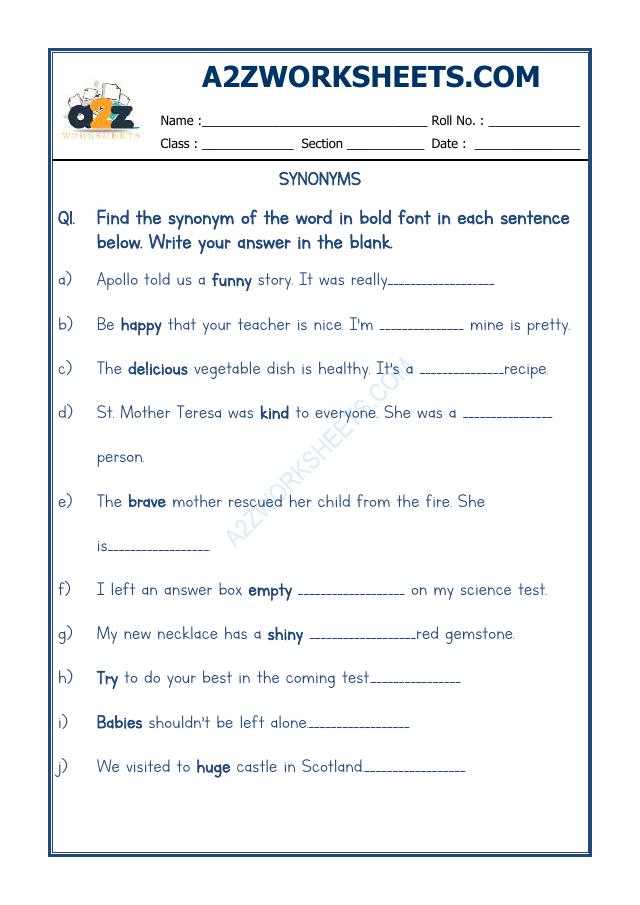 A2Zworksheets:Worksheet of Synonyms-07-Grammar-English
