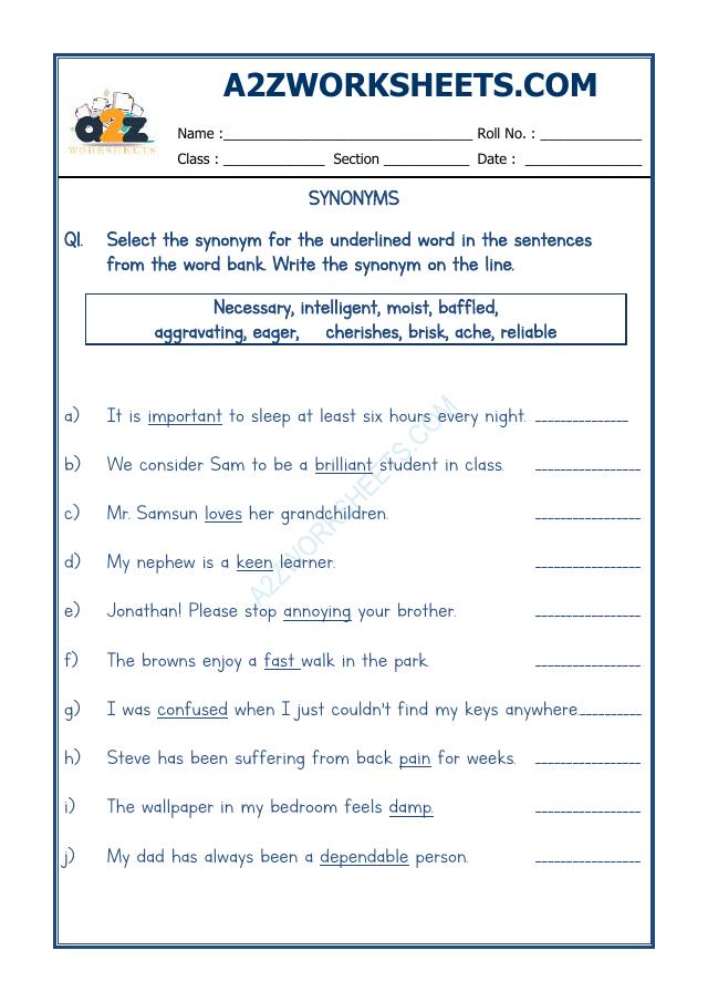 A2Zworksheets:Worksheet of Synonyms-03-Grammar-English