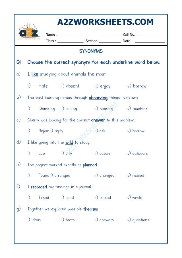 A2Zworksheets:Worksheet of Synonyms-06-Grammar-English