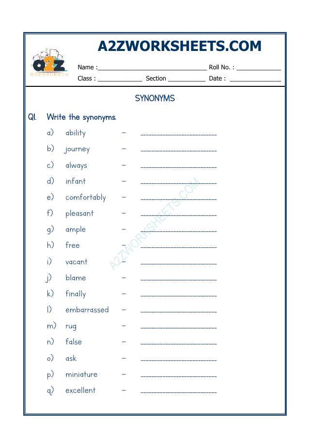 A2Zworksheets:Worksheet of Synonyms-04-Grammar-English