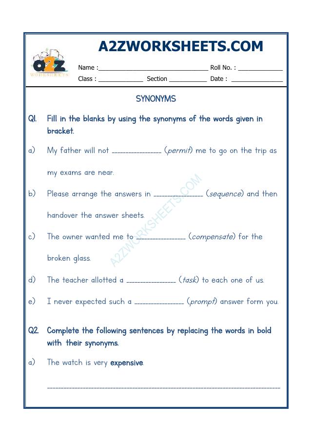 A2Zworksheets:Worksheet of Synonyms-05-Grammar-English