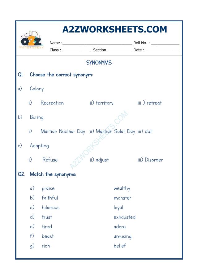 A2Zworksheets:Worksheet of Synonyms-07-Grammar-English
