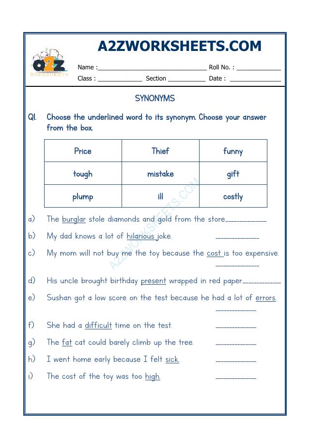 A2Zworksheets:Worksheet of Synonyms-05-Grammar-English