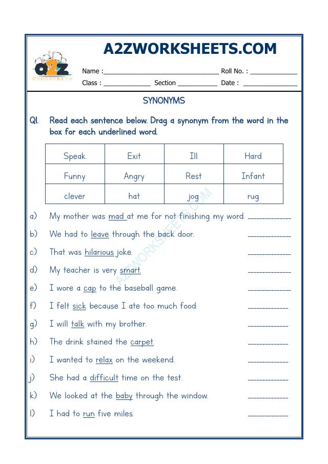 A2Zworksheets:Worksheet of Synonyms-06-Grammar-English