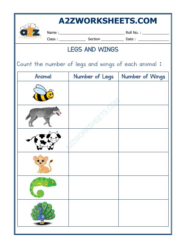 A2Zworksheets:Worksheet of Animal - Legs And Wings-01-Animals-Science