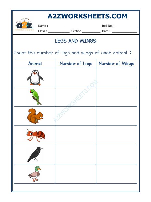 A2Zworksheets:Worksheet of Animal - Legs And Wings-03-Animals-Science