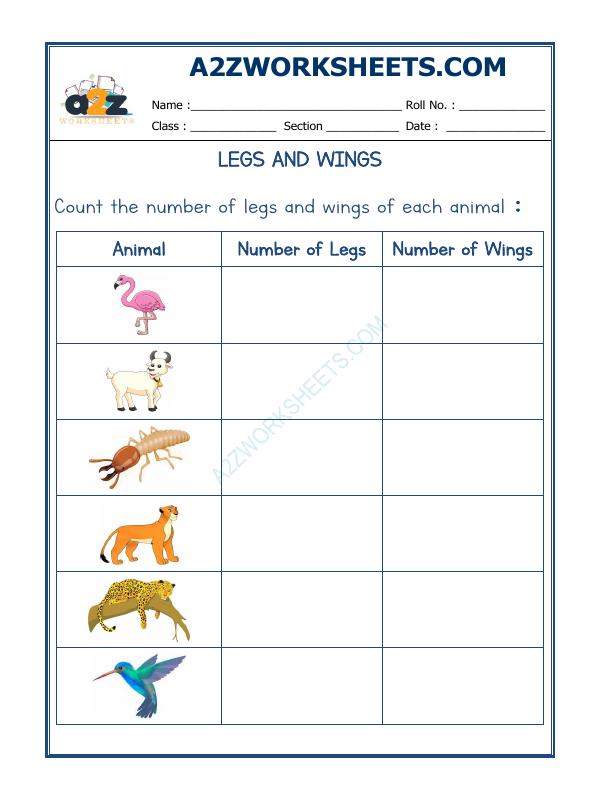 A2Zworksheets:Worksheet of Animal - Legs And Wings-06-Animals-Science