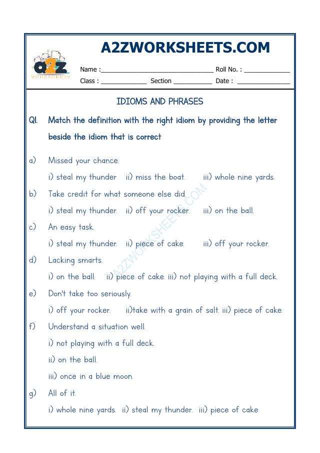 A2Zworksheets:Worksheet of Idioms And Phrases-09-Reading-English