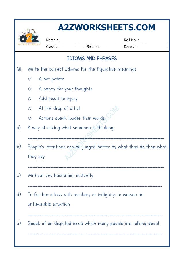 A2Zworksheets:Worksheet of Idioms And Phrases-10-Reading-English
