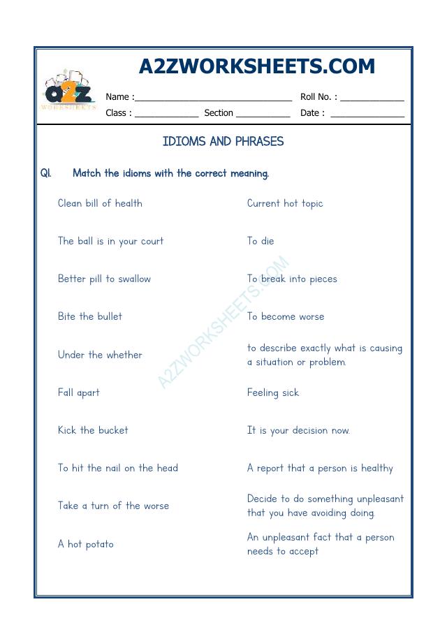 A2Zworksheets:Worksheet of Idioms And Phrases-06-Reading-English
