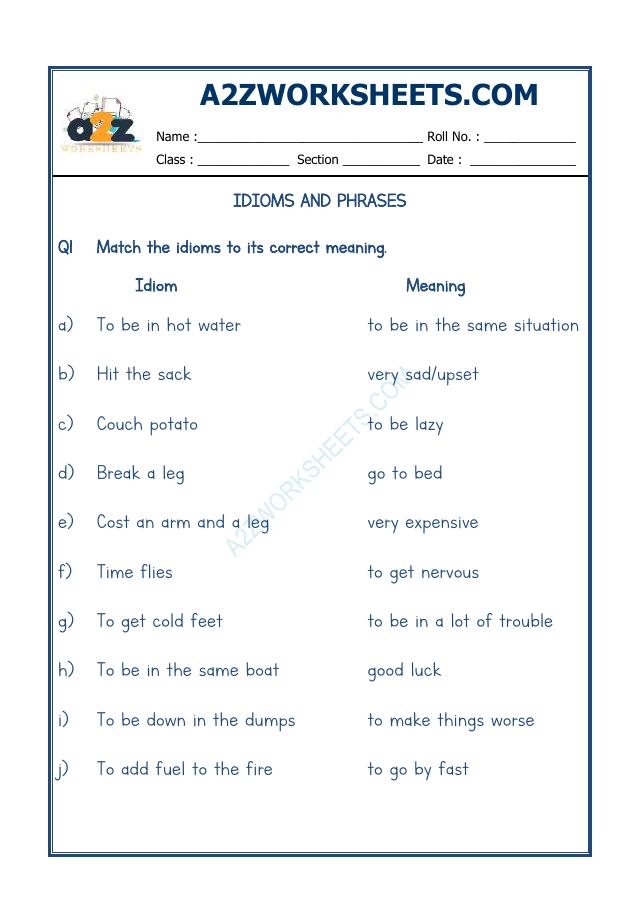 Idiomatic Expressions Worksheets Grade 5 120 Useful English Idiom