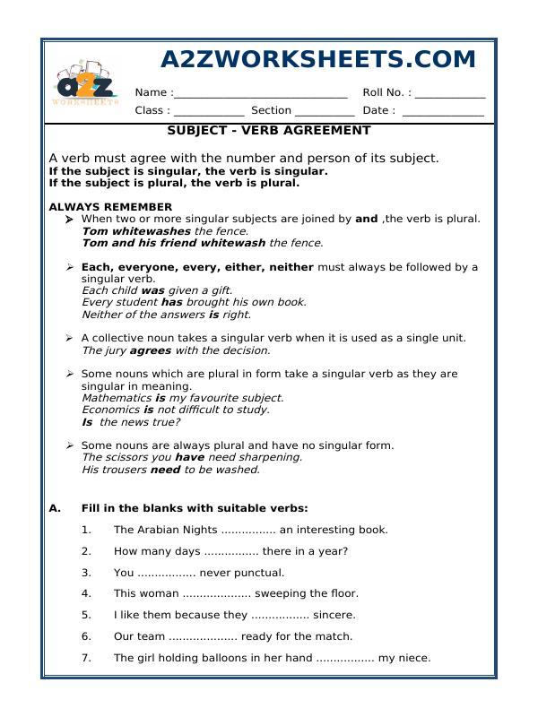 A2Zworksheets:Worksheet of Subject - Verb Agreement-Grammar-English