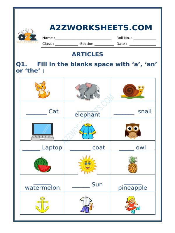 A2Zworksheets:Worksheet of Articles-03-Grammar-English