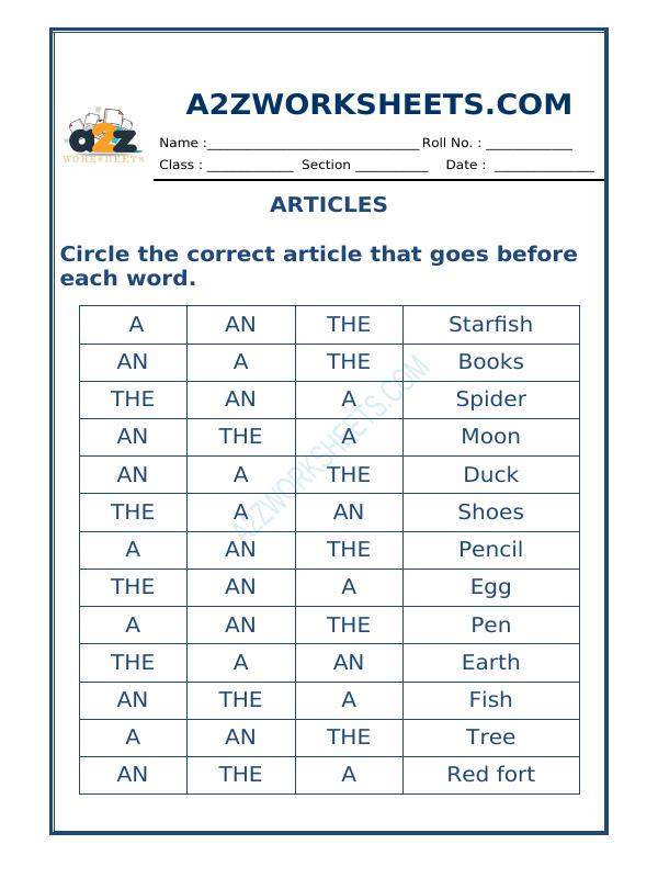A2Zworksheets:Worksheet of Articles-04-Grammar-English