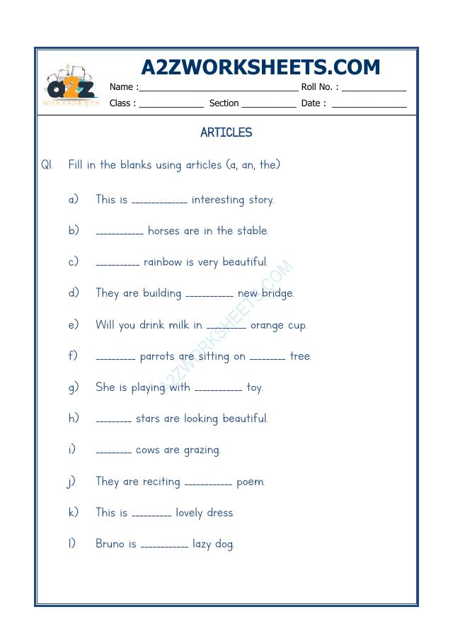A2Zworksheets:Worksheet of Articles-06-Grammar-English