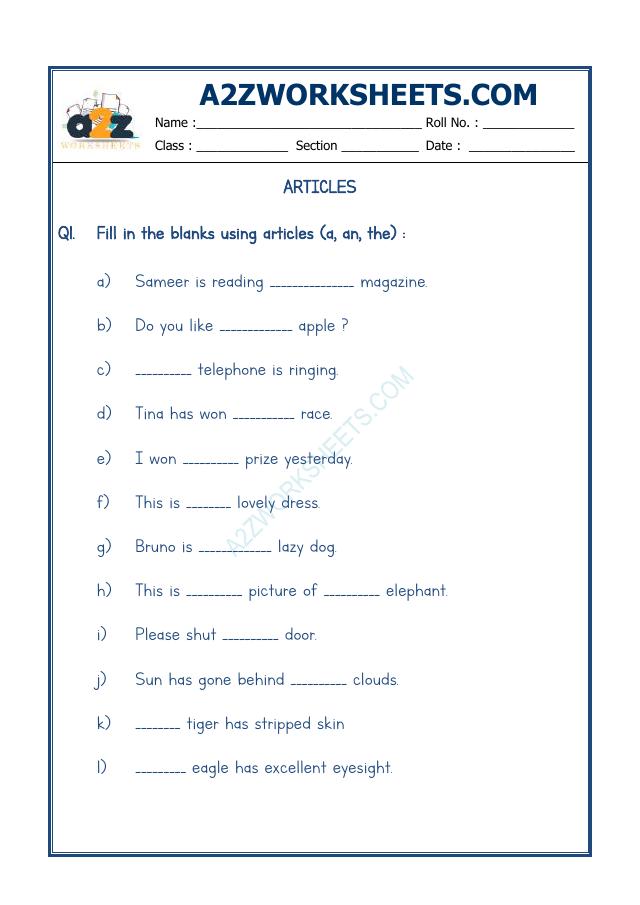 A2Zworksheets:Worksheet of Articles-07-Grammar-English