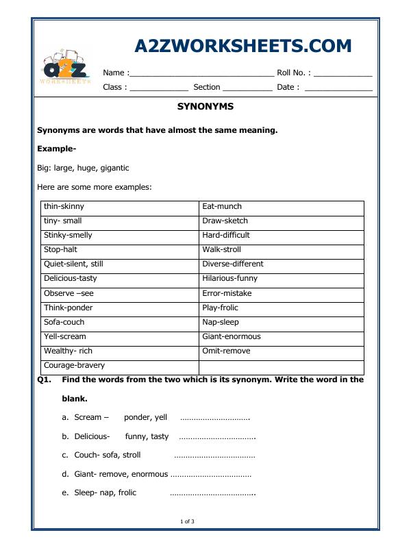 A2Zworksheets:Worksheet of Synonyms-Grammar-English